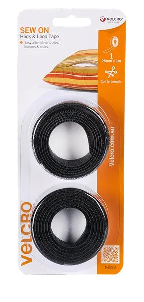 25mm x 1m Black Colour Sew On Hook & Loop Velcro Tape | Heavy Duty ...